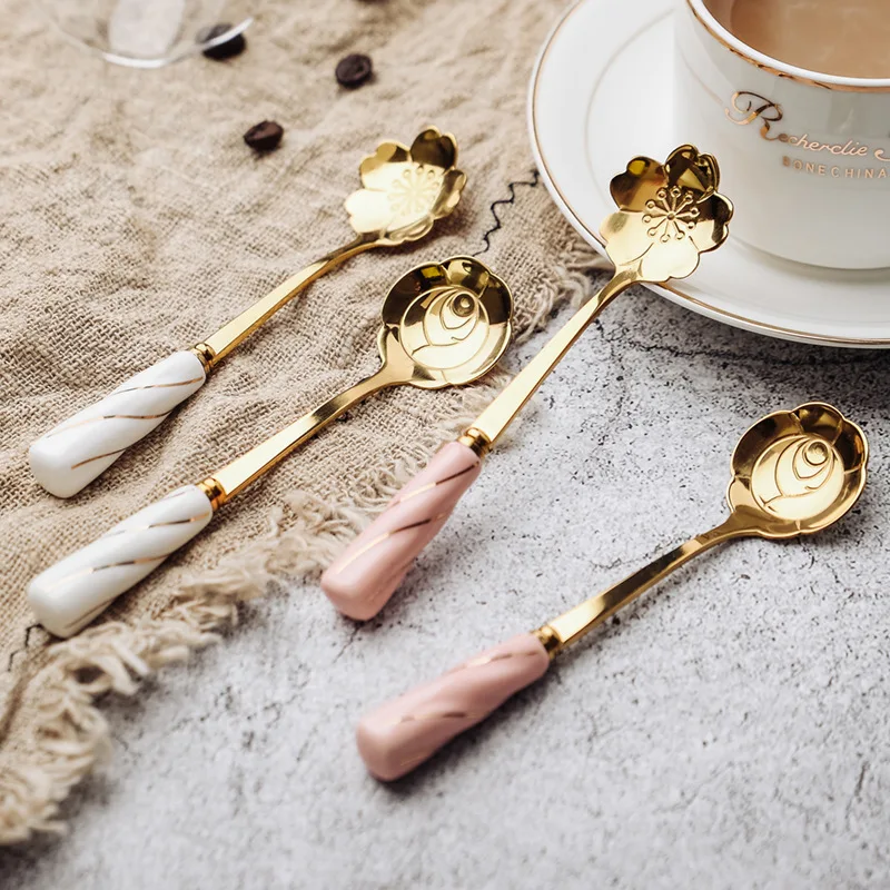 Ceramic-handle-tea-and-coffee-mixing-spoon-flower-design-spoon-dessert ...