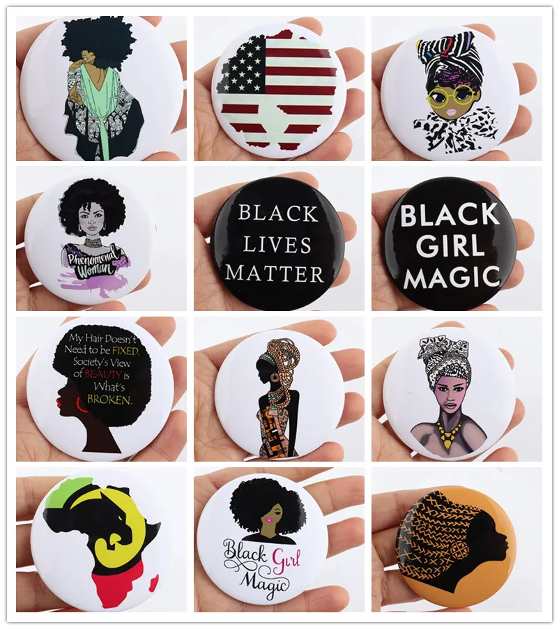 Free Shipping! 58mm African Black Girl Magic Button Pins - Hoop ...