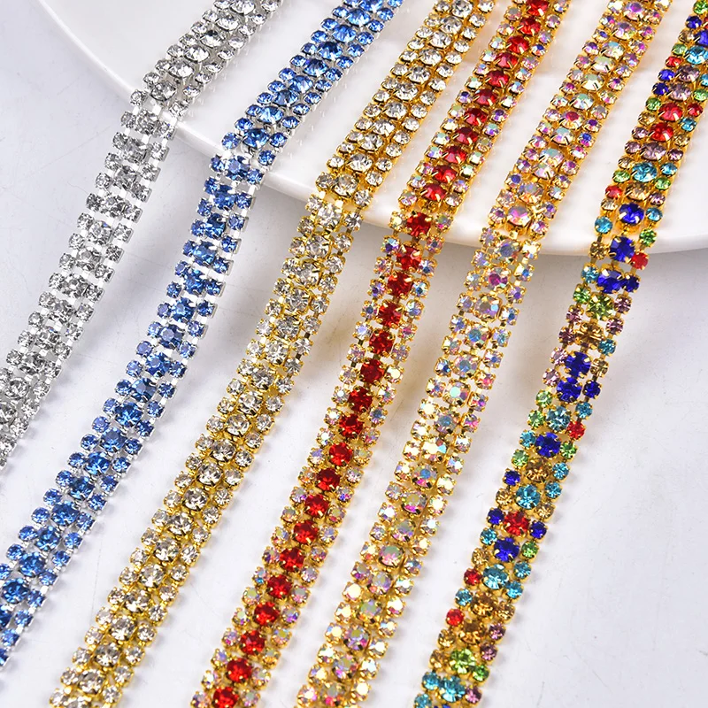 High Quality 2 Yards/Lot Glass Crystal Rhinestone Cup Chain 3 Rows Mix ...