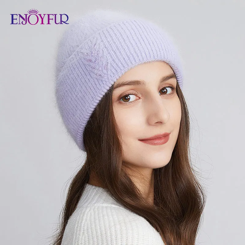 Enjoyfur Women Winter Knitted Hats Natural Angola Wool Cuffed Dome Cap For Female Fashion ...