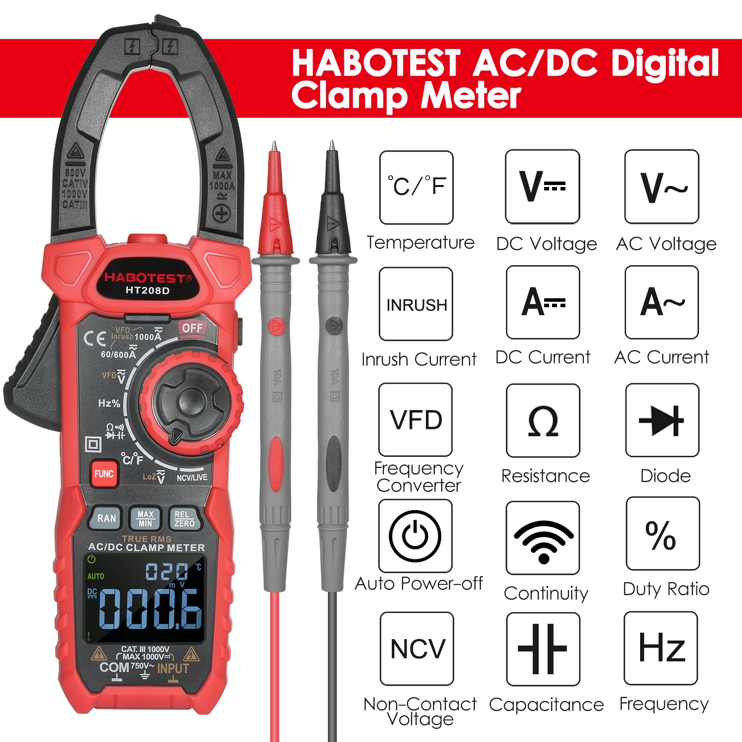 HABOTEST AC/DC Clamp Meter True RMS Multimeter Anto Ranging Tester ...