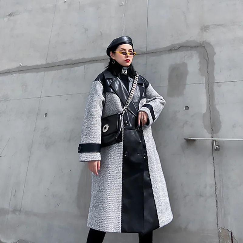 [EAM] свободное серое шерстяное пальто из искусственной кожи с разрезом ...