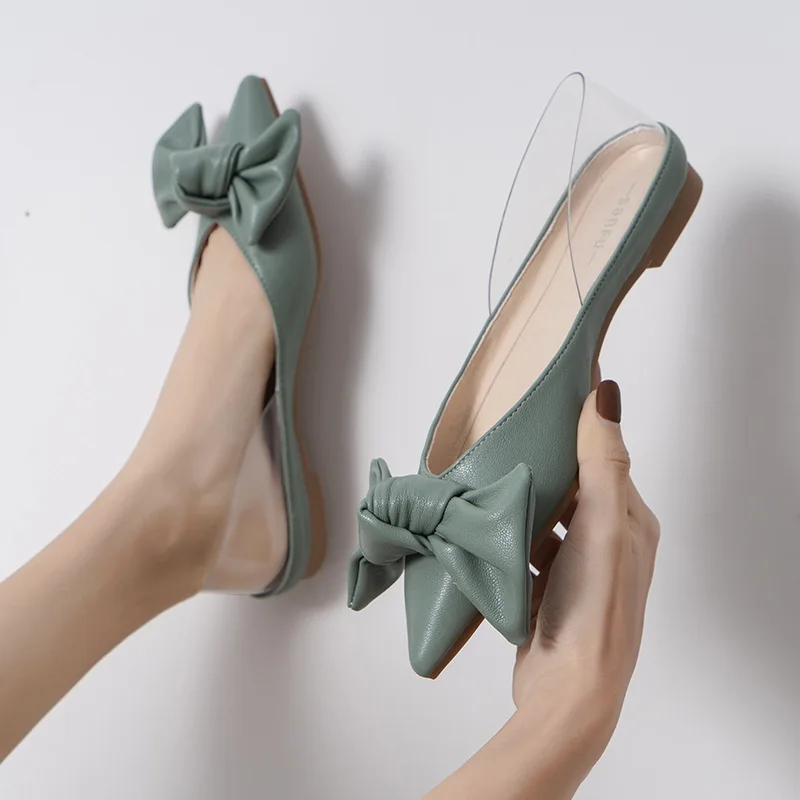 pointed toe big leather bow knot flat shoes woman designer transparent ...