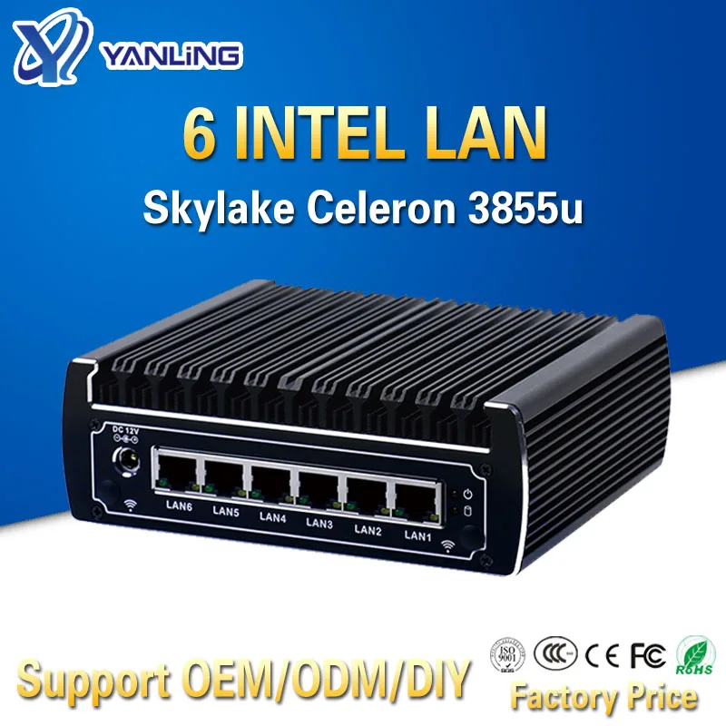 Yanling 방화벽 라우터 기기, 인텔 셀러론 3855U CPU Pfsense 미니 PC 6 Lan 베어본 팬리스 VPN ...