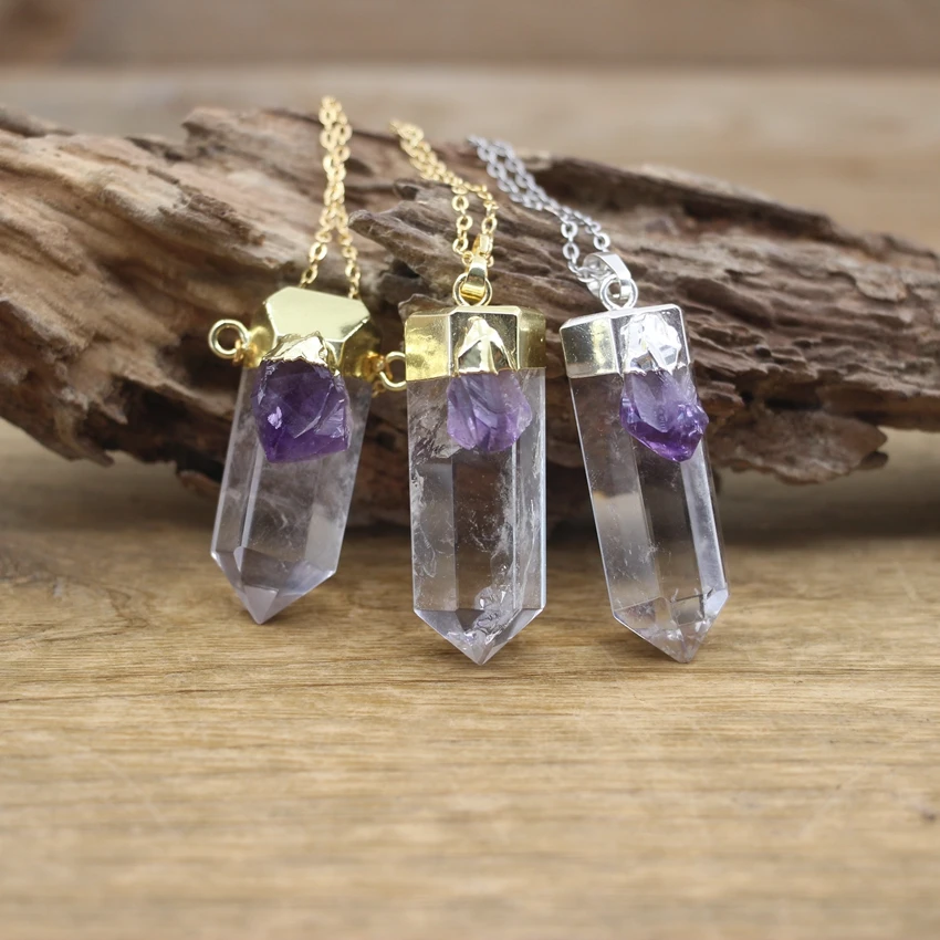 Clear Crystal Point Inlay Amethysts Pendants Gold/Silvery Chains,Natual ...