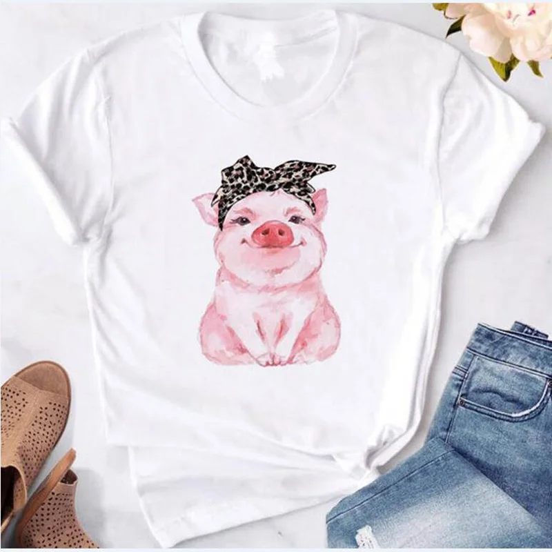 Camiseta con estampado de cerdo para mujer, ropa blanca informal ...