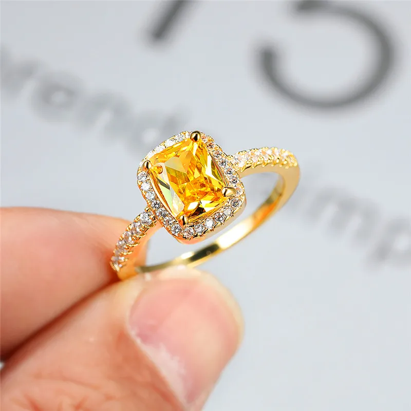 Luxury Female Yellow Crystal Stone Ring Classic Silver Color Wedding ...
