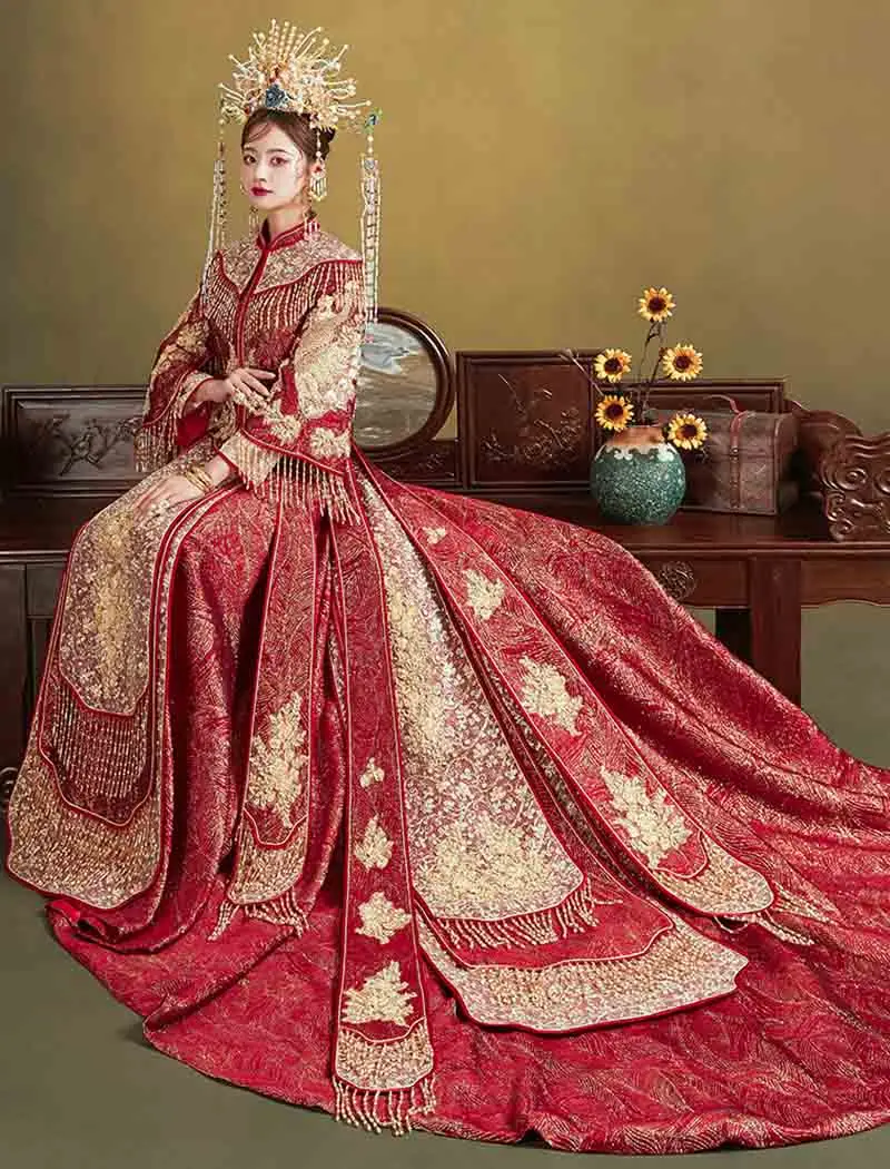 Luxury Embroidery Hanfu Women Chinese Traditional Bridal Wedding Hanfu Red Trailing Dress Female ...