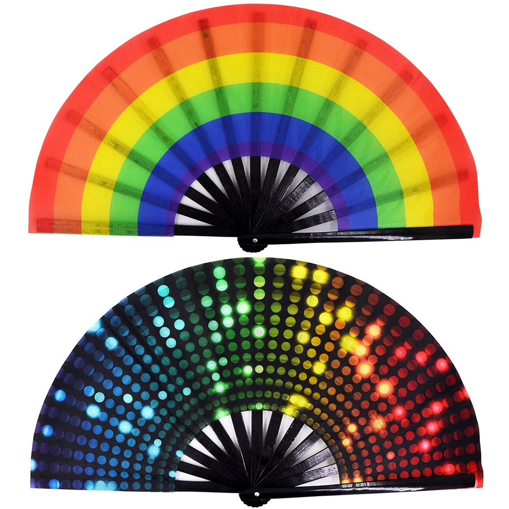 34 Cm Large Folding Hand Fan Fold 1 Pcs Dot Rainbow Print Black Bamboo ...