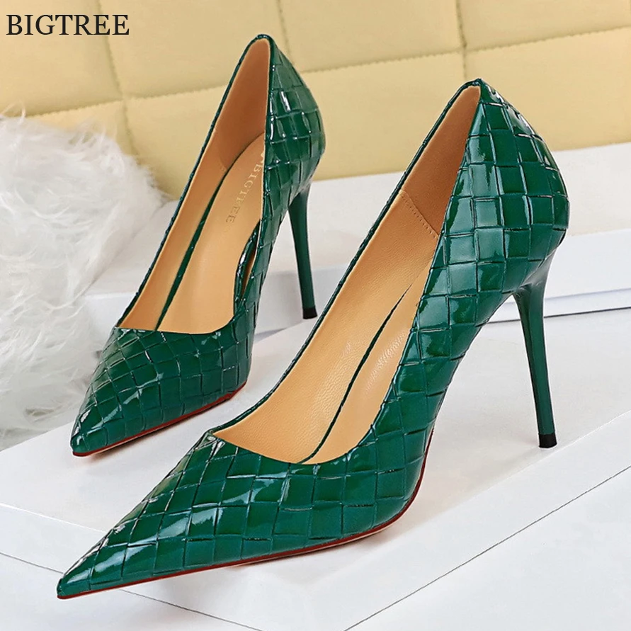 Shiny-Patent-Leather-Women-Pumps-Weave-Fashion-Black-Green-White-Shoes ...