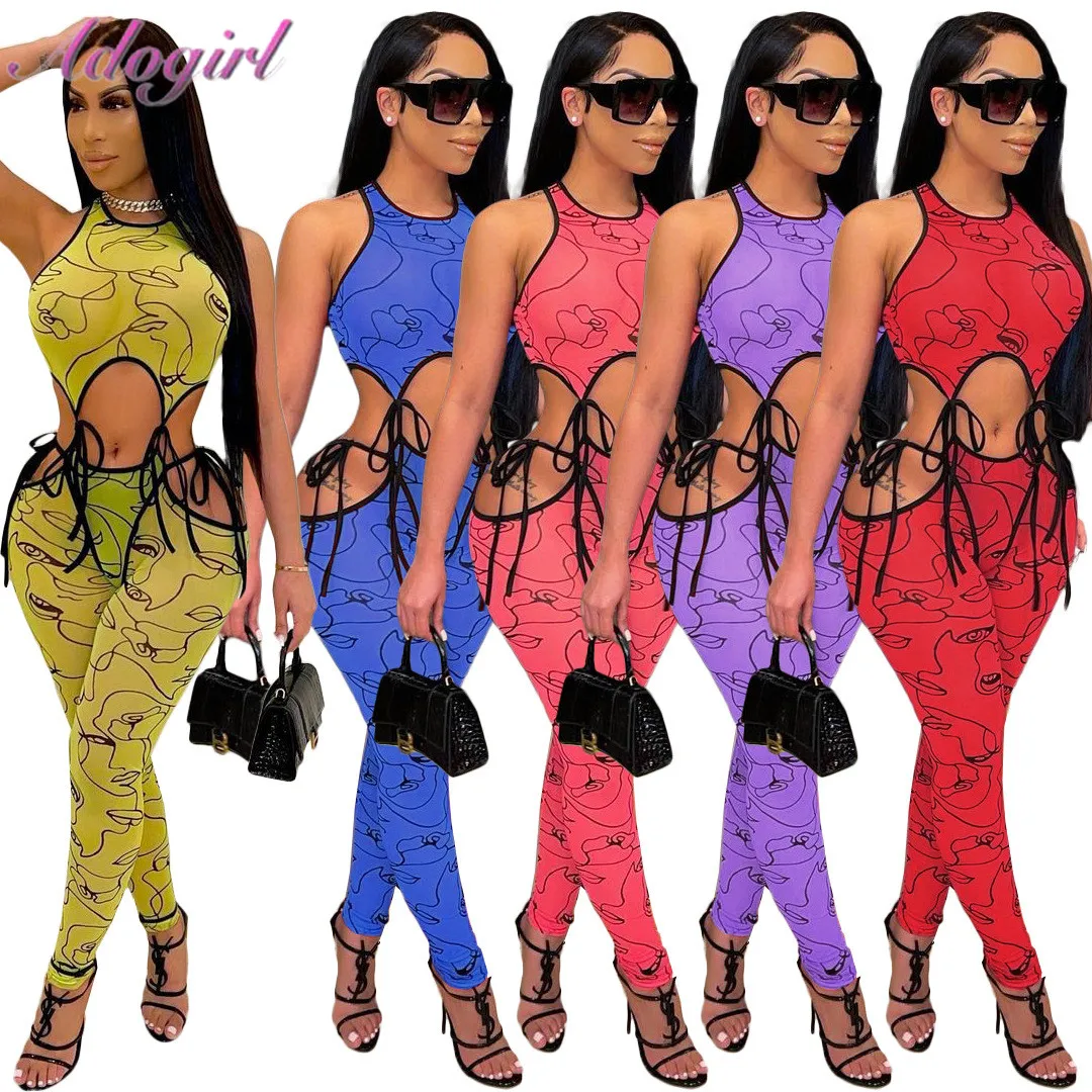 Causal Graf Printing Crop Top Pants Set For Women Sleeveless Slim Two ...
