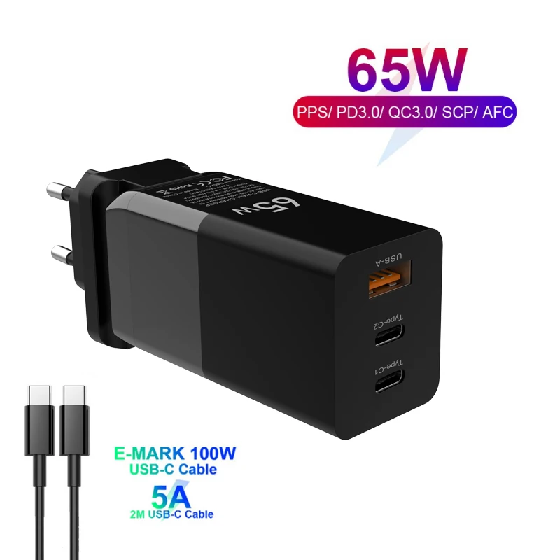 3 포트 65W GaN USB C PD 충전기, 고속 충전 3.0 QC3.0 PPS SCP AFC USB C 타입 C 맥북 프로 아이폰 삼성용 고속 USB 충전기|휴대폰 ...