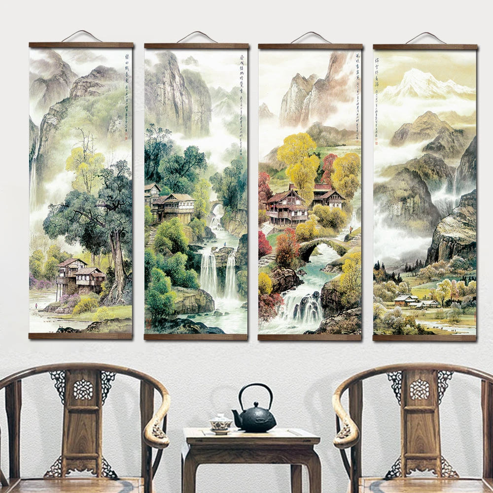 Chinese Traditional Style Four Seasons Landscape Canvas For Livingroom ...