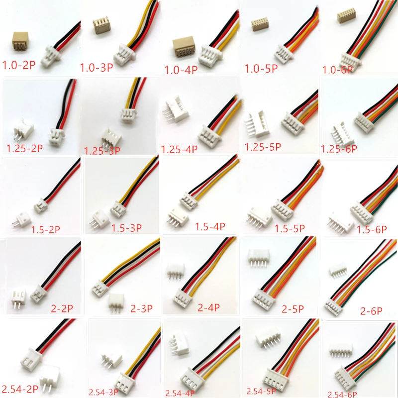 10sets Sh1.0 Jst1.25 Zh1.5 Ph2.0 Xh2.54 Connector Female+male 2/3/4/5/6/7/8/9/10p Plug With ...