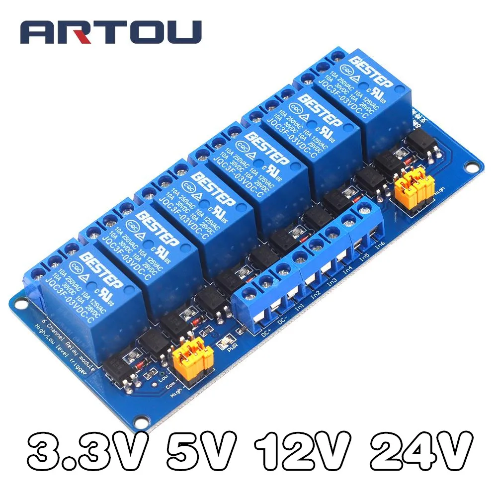 Módulo de relé de 6 canales, disparador de nivel alto y bajo, módulo de relé de aislamiento de ...
