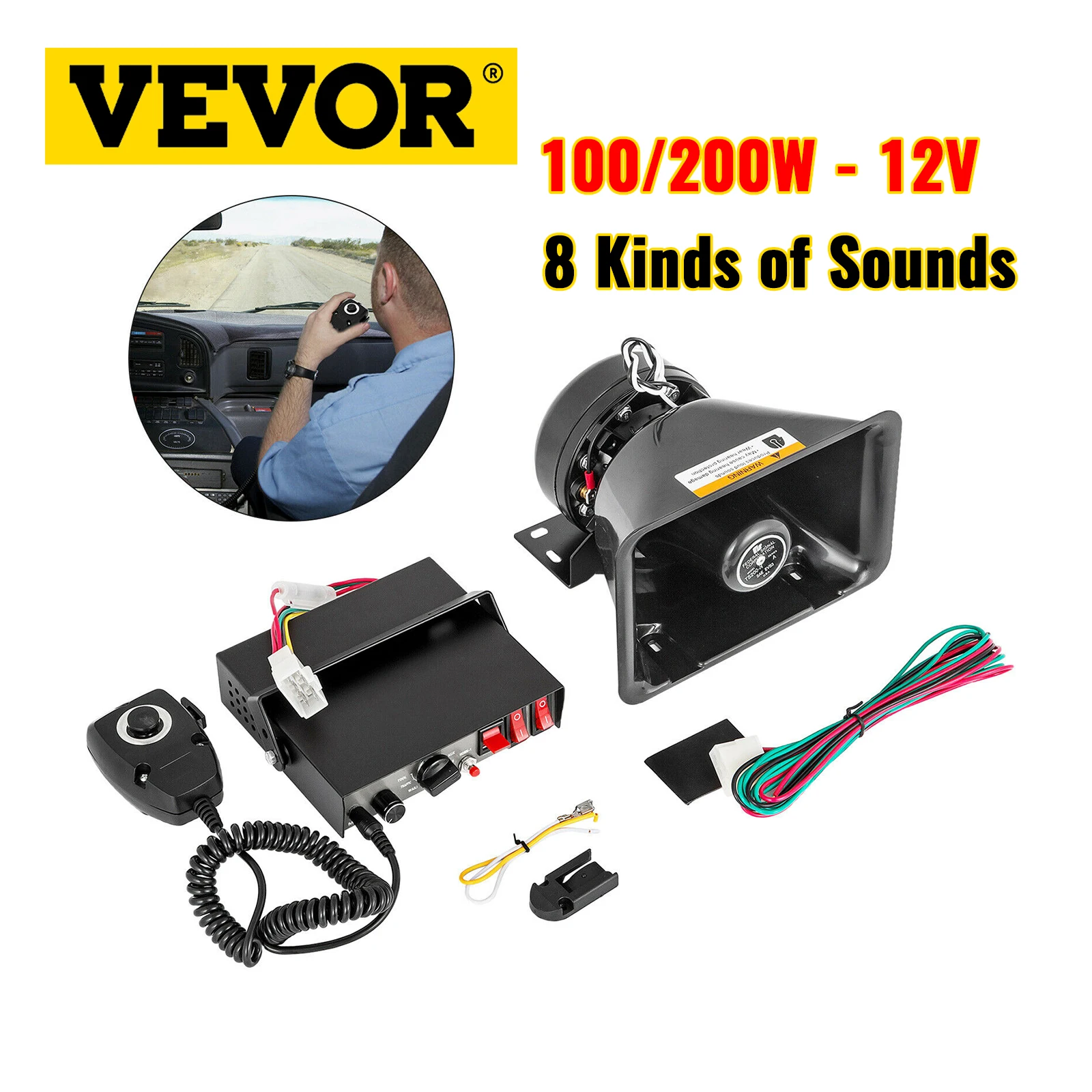 VEVOR 100 / 200W 12V DC Car Alarm Professional PA System 8 Kinds of ...