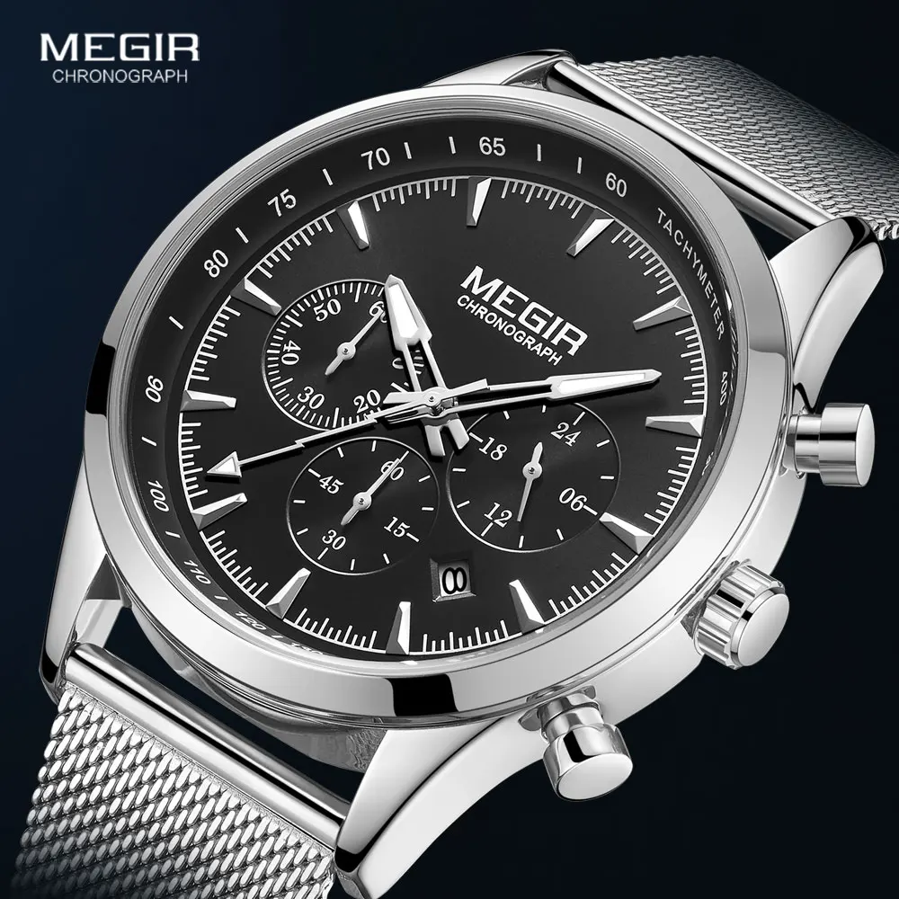 Megir Men's Watches Fashion Stainless Steel Mesh Strap Chronograph ...