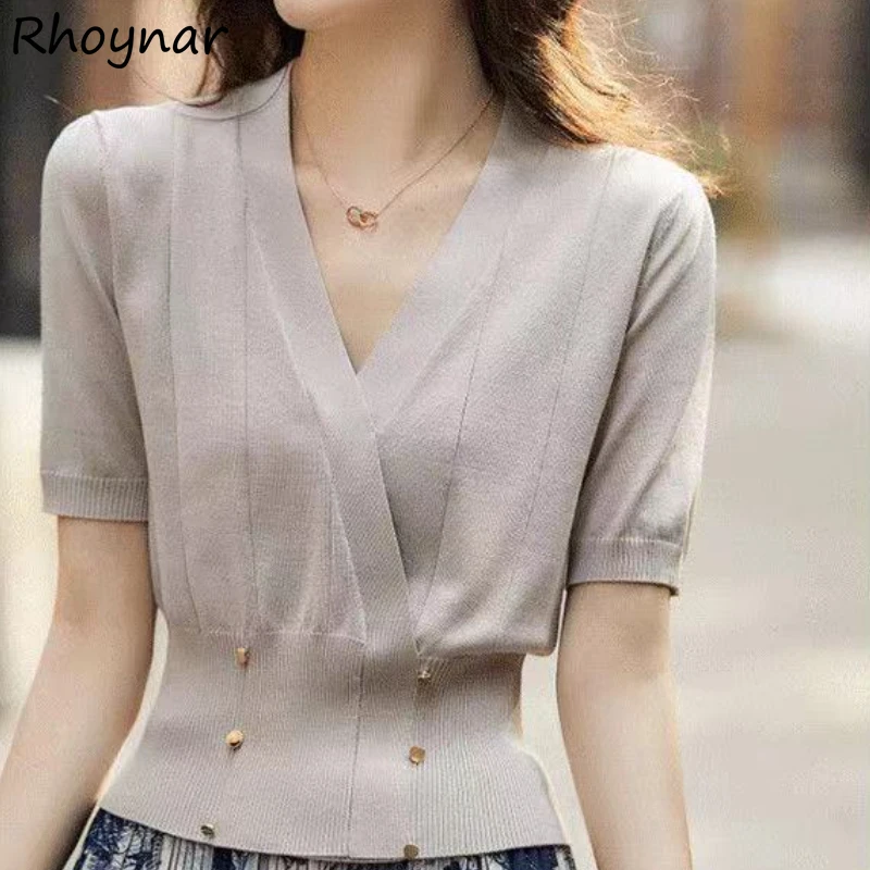 Blouses Women Summer Solid Simple 2 Colors Elegant V-neck Slim Office ...