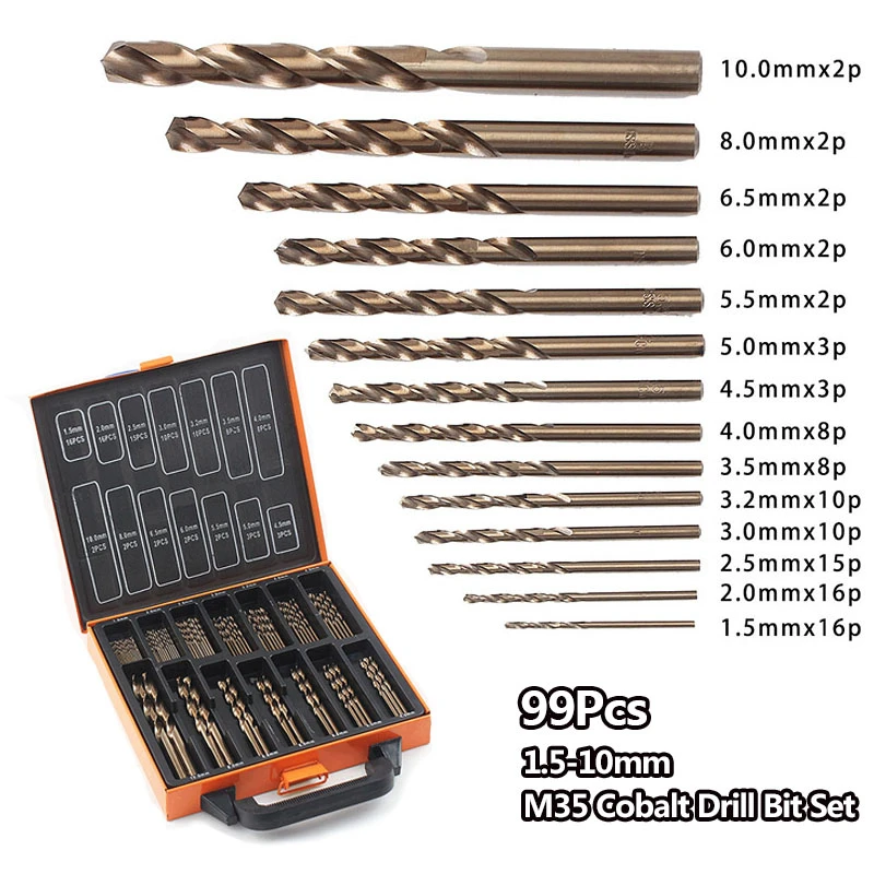99Pcs M35 Cobalt Drill Bit Set 1.5-10mm HSS-Co High Speed Steel Twist ...