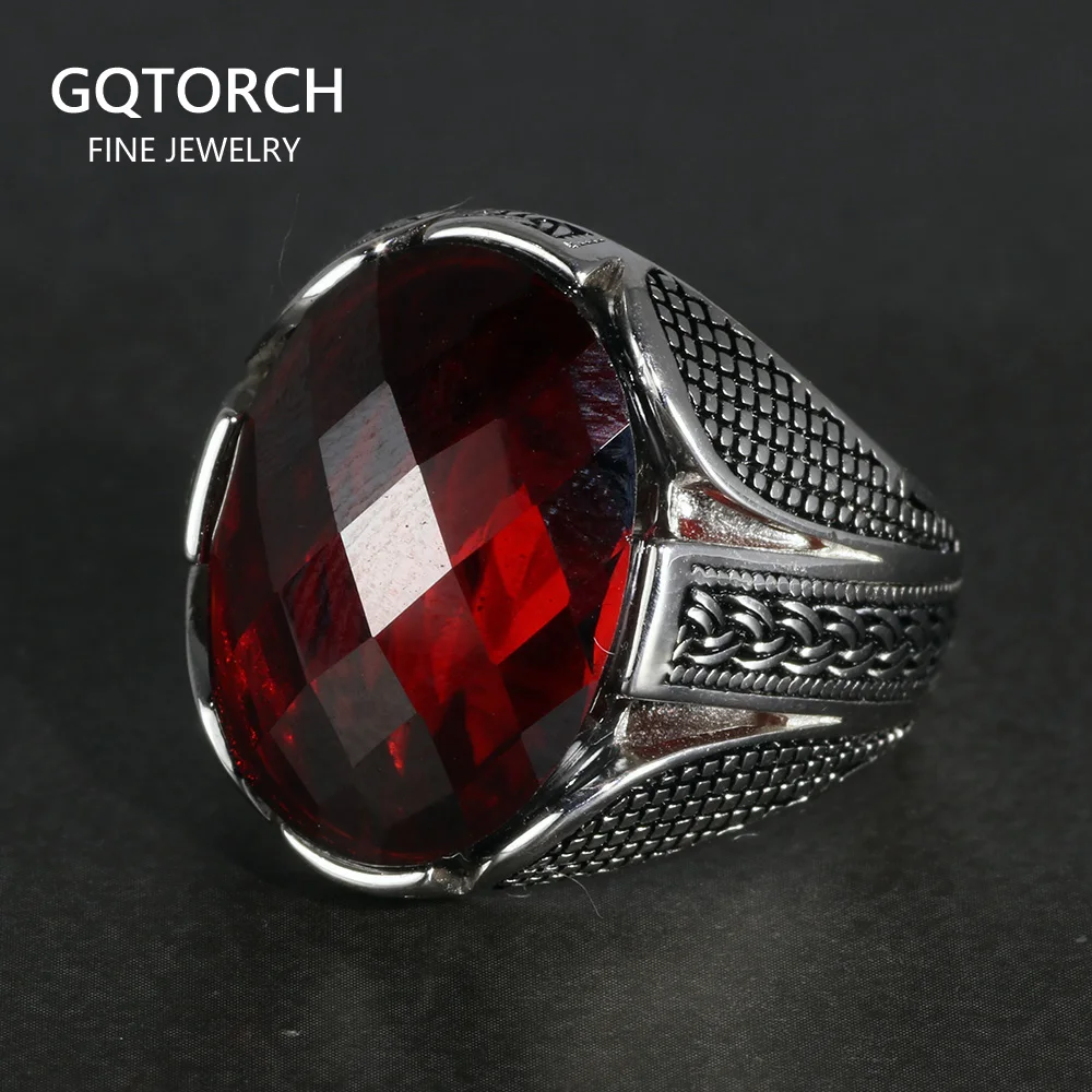 Real Pure 925 Sterling Silver Rings With Red Color Zircon Stone Faceted ...