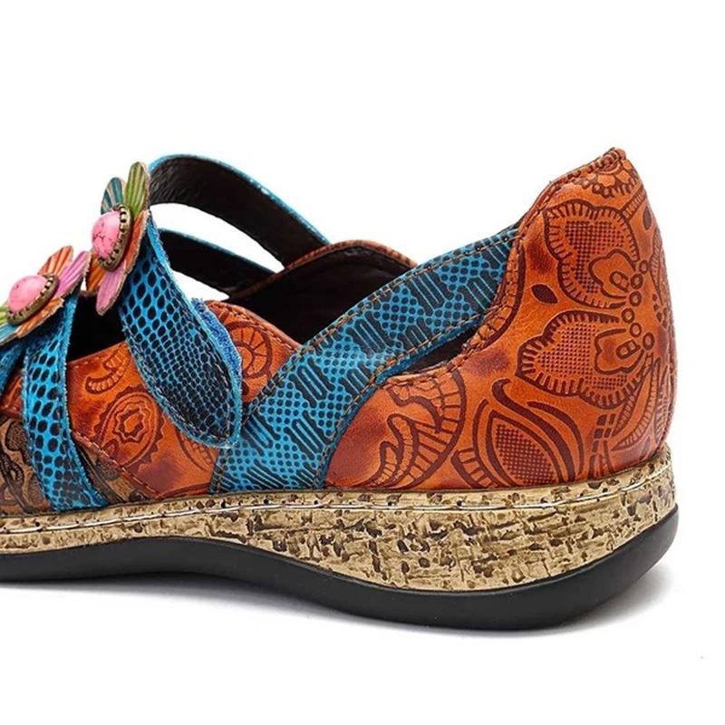 Women's Retro Floral Leather Mosaic Color Casual Flat Shoes