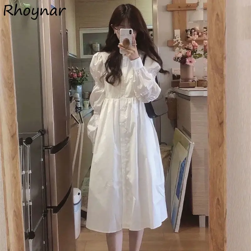 Dress Women Simple Sweet Preppy Single Breasted Mid-calf Girlish ...