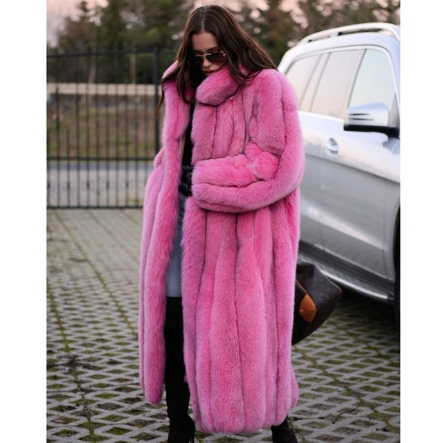 110cm Long Fashion Women Pink Fox Fur Coat Stand Collar Full Pelt ...