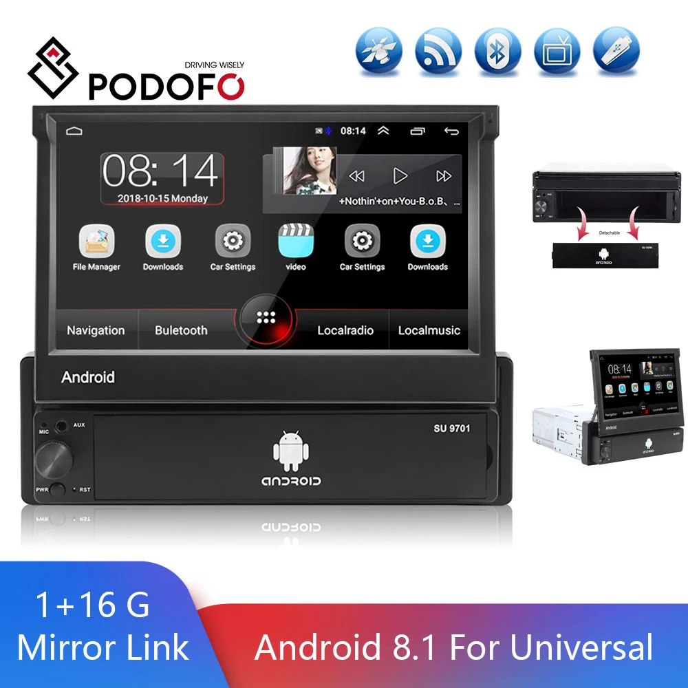 Podofo 1 Din Car Radio Android 8.1 Universal Retractable Fm Gps Radio ...