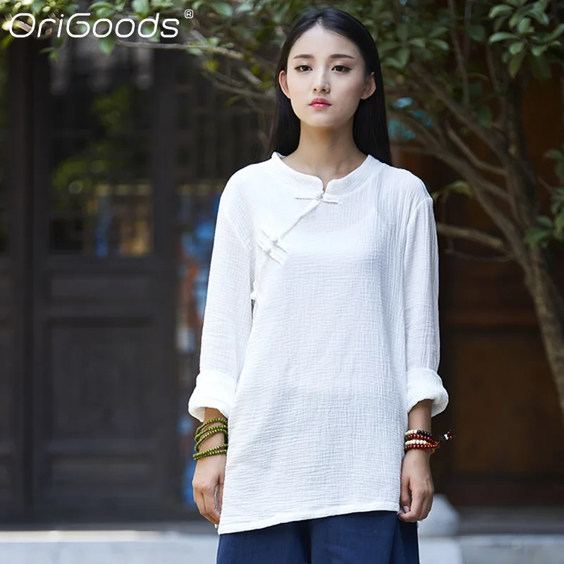OriGoods Chinese Style Long Sleeve Blouse Cotton Solid Red White ...