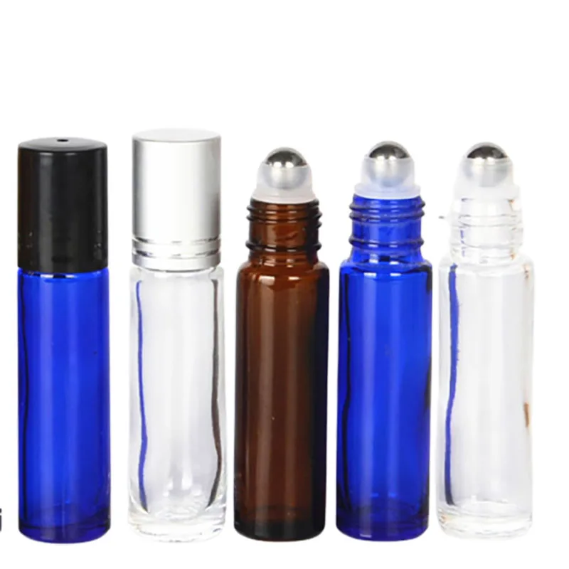 Botella enrollable de Perfume de vidrio, rellenable, transparente, ámbar azul y verde, con bola ...