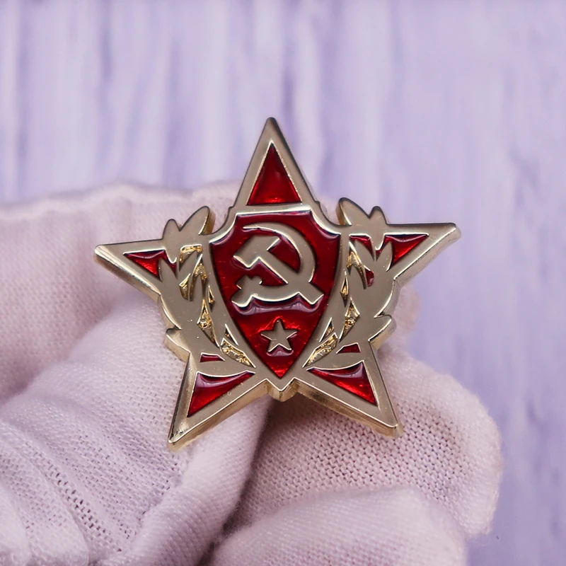 USSR-Soviet-Sickle-Hammer-Red-Star-Wheat-Wreath-Communist-Badge-Brooch ...