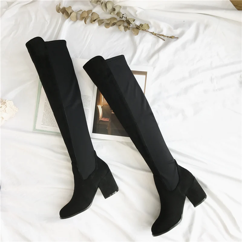 Женские замшевые сапоги выше колена на низком квадратном каблуке 7 см Женские Длинные Бордовые