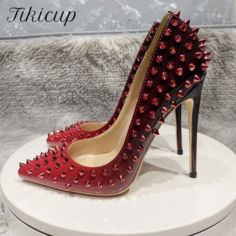 Tikicup Gradient Black Red Women Sexy Spikes Pointy Toe High Heel Party ...
