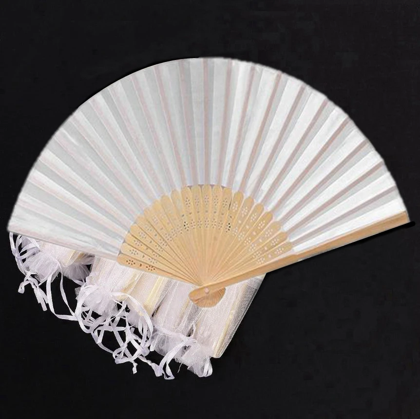 24 Pcs/lot White Folding Elegant Man-made Silk Hand Fan Fabric Cloth ...