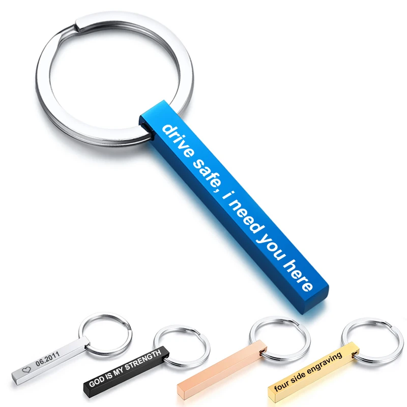 Custom Any Name Vertical Bar Keychain 4 Sided Engraved Key Chain For ...