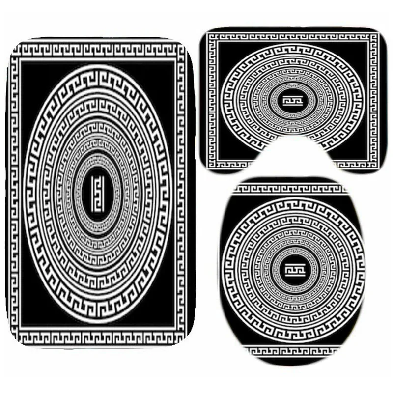 Black-White-Greek-Key-Bath-Mat-Set-for-Bathroom-Elegant-Meander-Border ...
