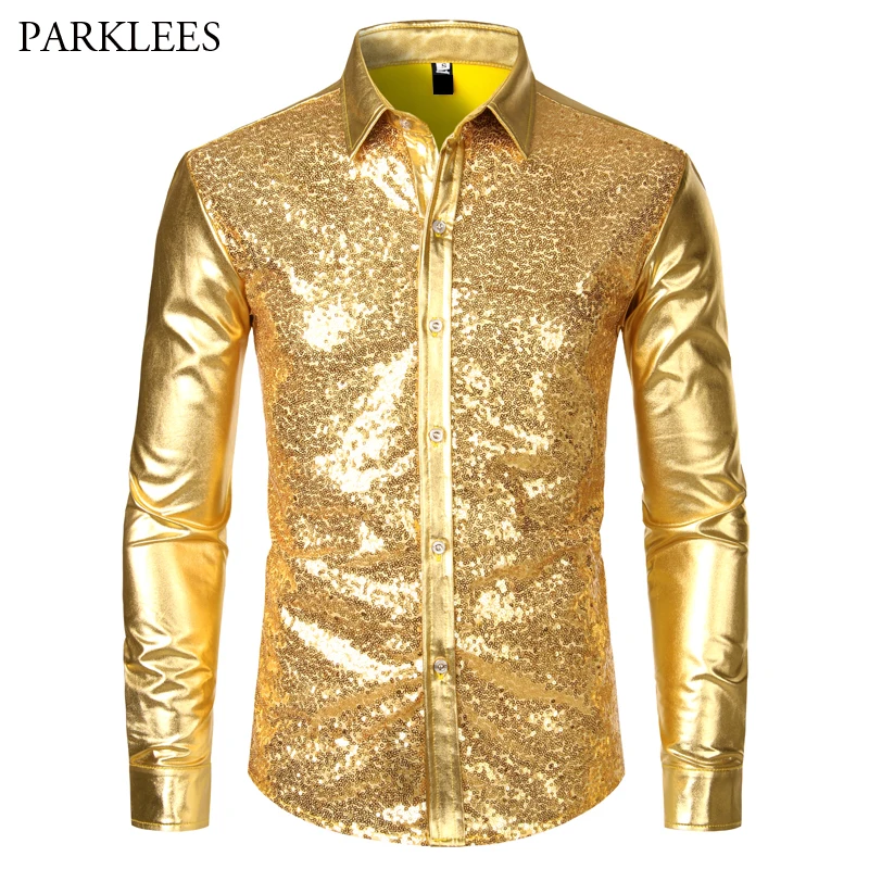 Mens Gold Embellished Sequins Shirts Shiny Glitter Shirt Men Chemise Homme Metallic Disco Club ...