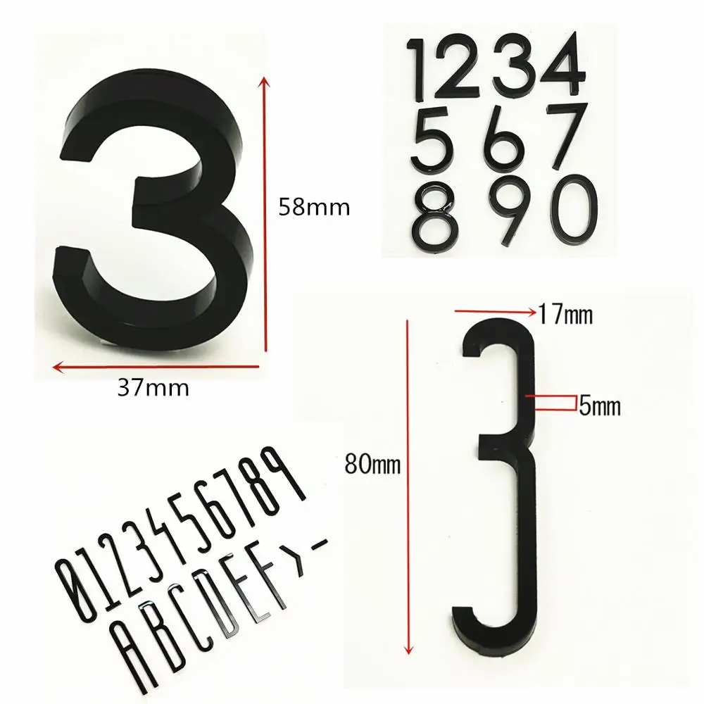 6cm/8cm Black House Number Stickers 0 9 3D ABS plastic Plaque Number ...