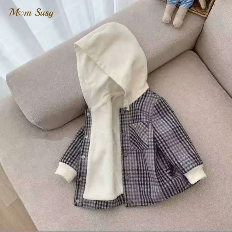 패션 아기 소년 소녀 격자 무늬 후드 자 켓 유아 유아 양모 코트 양 털 봄 가을 겨울 아기 옷 1 7y재킷 And 코트