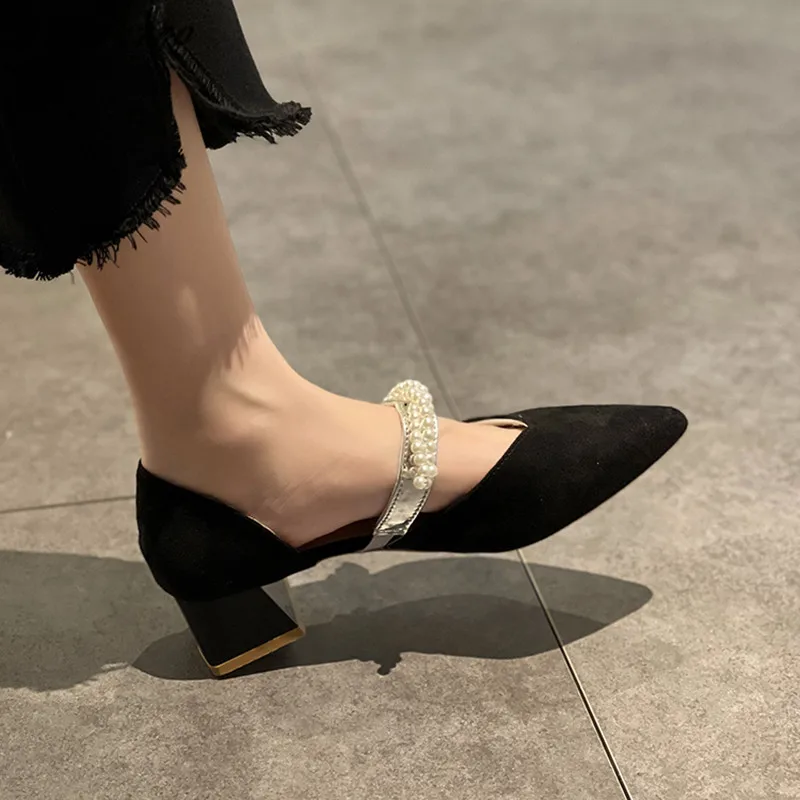 French Style Fashion Pointed Toe Mid Heel High Heels Elegant String ...
