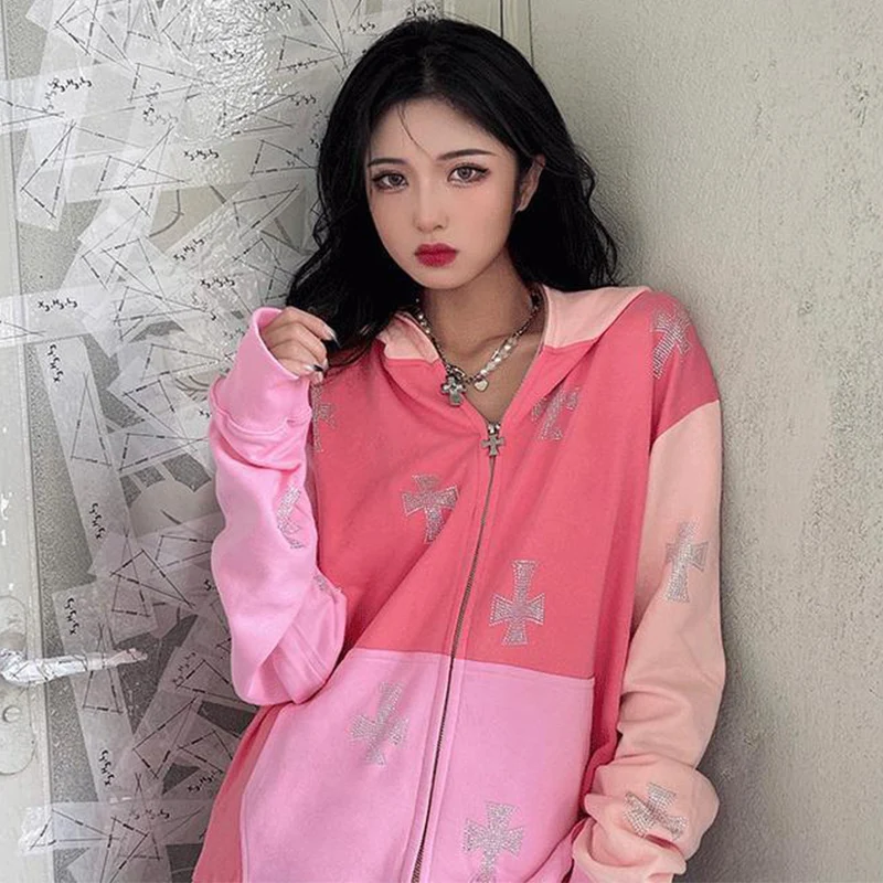 Cárdigan con diamantes de imitación Y2K, chaqueta rosa con empalme ...