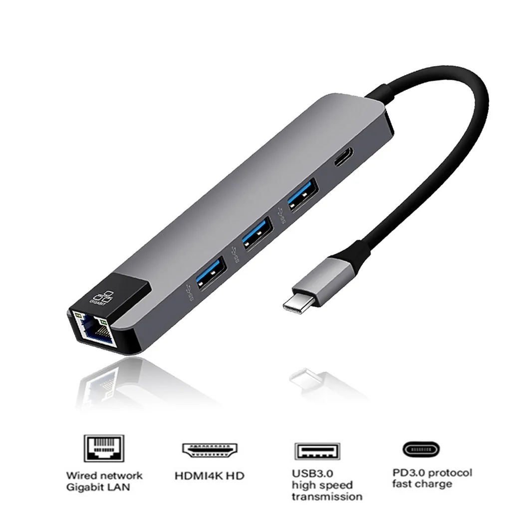 Ouhaobin 5в1 концентратор USB Type C адаптер с HDMI 4 K видео Ethernet RJ45 LAN адаптер для ПК ...