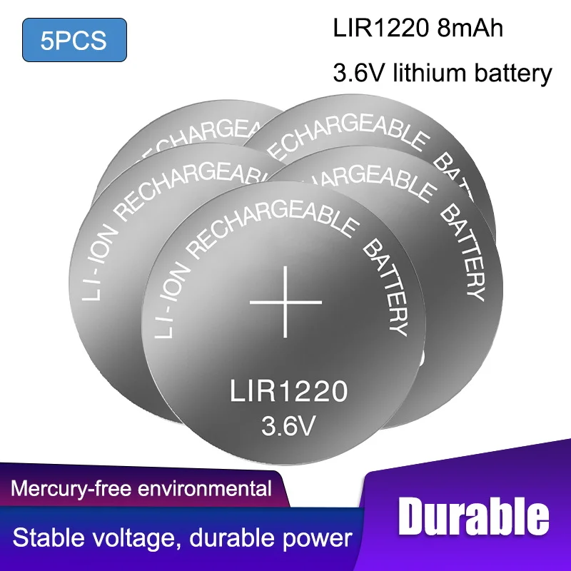 5PCS 3.6V LIR1220 Rechargeable Battery Lithium Button Built-in Coin ...