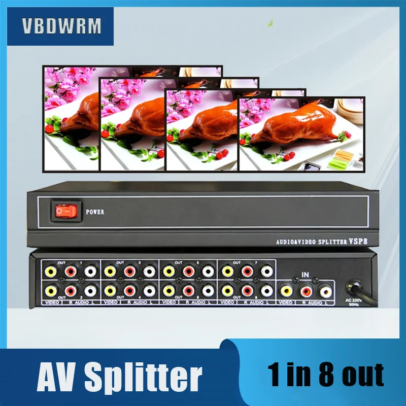 Composite AV Splitter Switch 2 in 8 out RCA Video & Audio Distributor ...