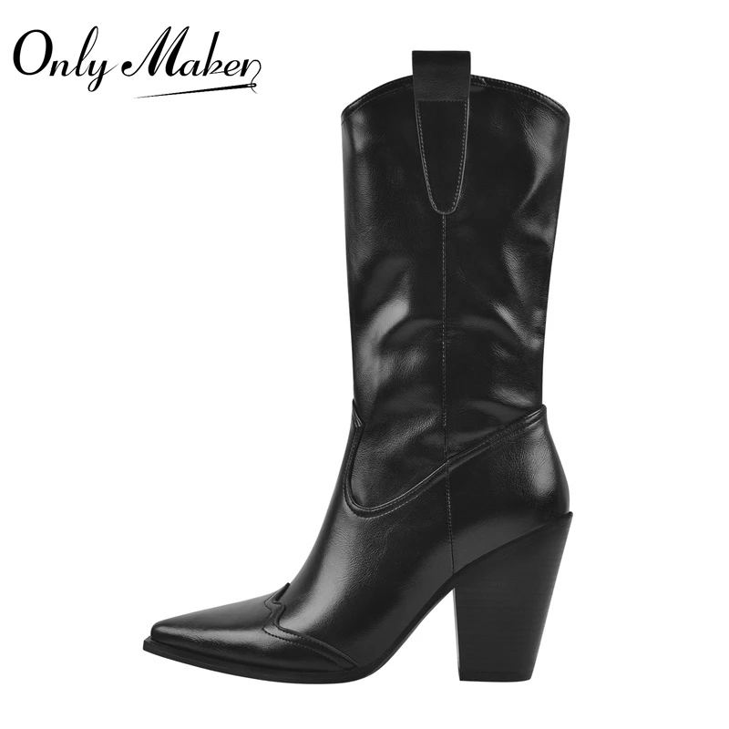 Onlymaker Frauen Spitz Mid Kalb Boot Matte Schwarz Nähen Bestickt Dick ...