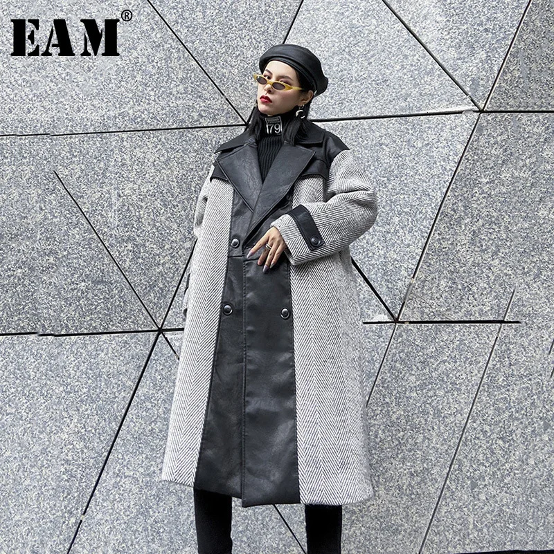 [EAM] свободное серое шерстяное пальто из искусственной кожи с разрезом ...