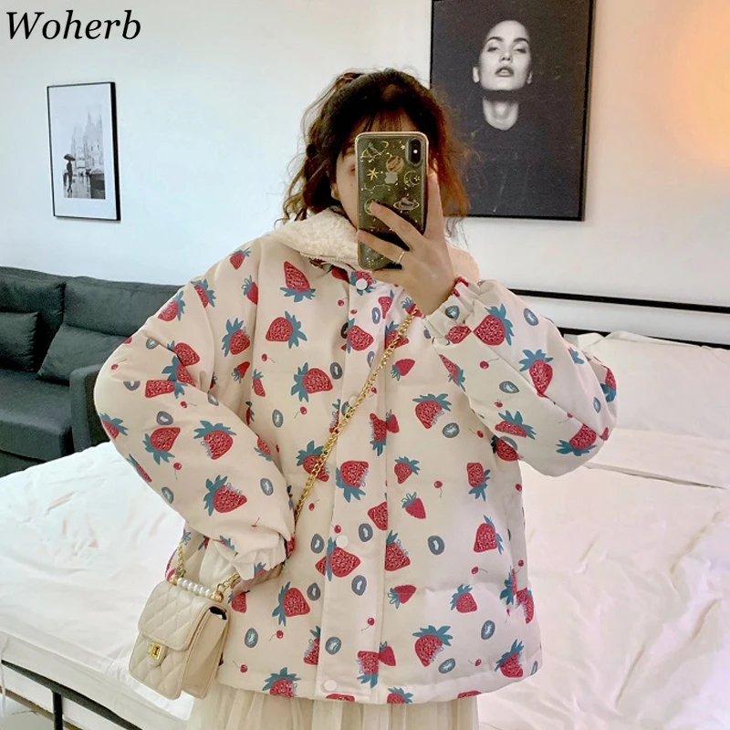Woherb Women's Harajuku Parkas Kawaii Jacket Strawberry Print Winter ...