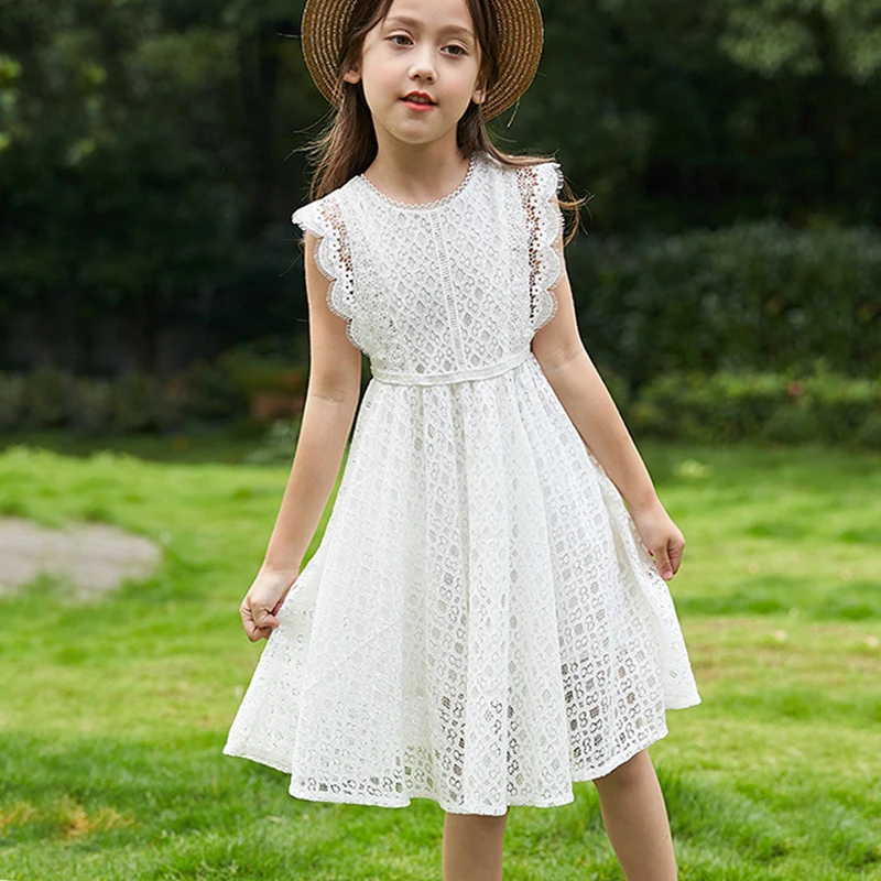 Vestido branco de renda infantil, sem mangas, para meninas de 6, 8, 10 ...