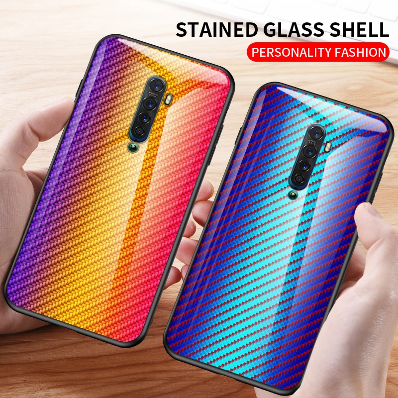 For OPPO Reno 2 Phone Case Colorful Carbon Fiber Pattern Tempered Glass ...