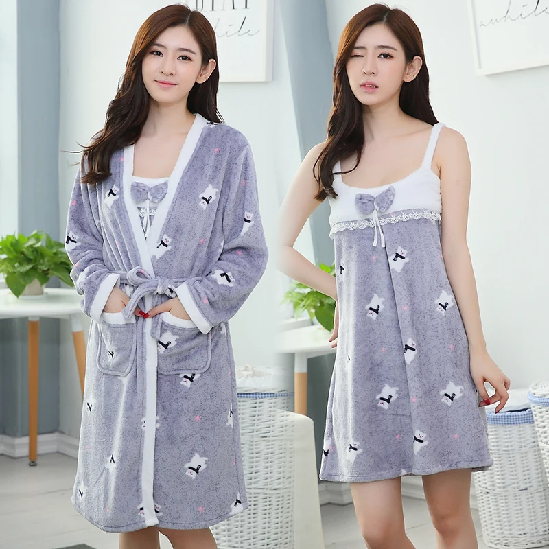 Conjunto de Bata de franela gruesa y cálida para mujer, ropa de baño de ...